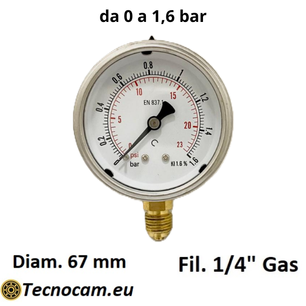 Manometro a secco Scala 0-1,6 Bar Attacco Radiale Maschio Gas 1/4 ...