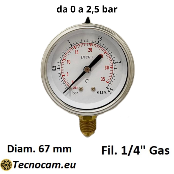 Manometro a secco Scala 0-2,5 Bar Attacco Radiale Maschio Gas 1/4 ...